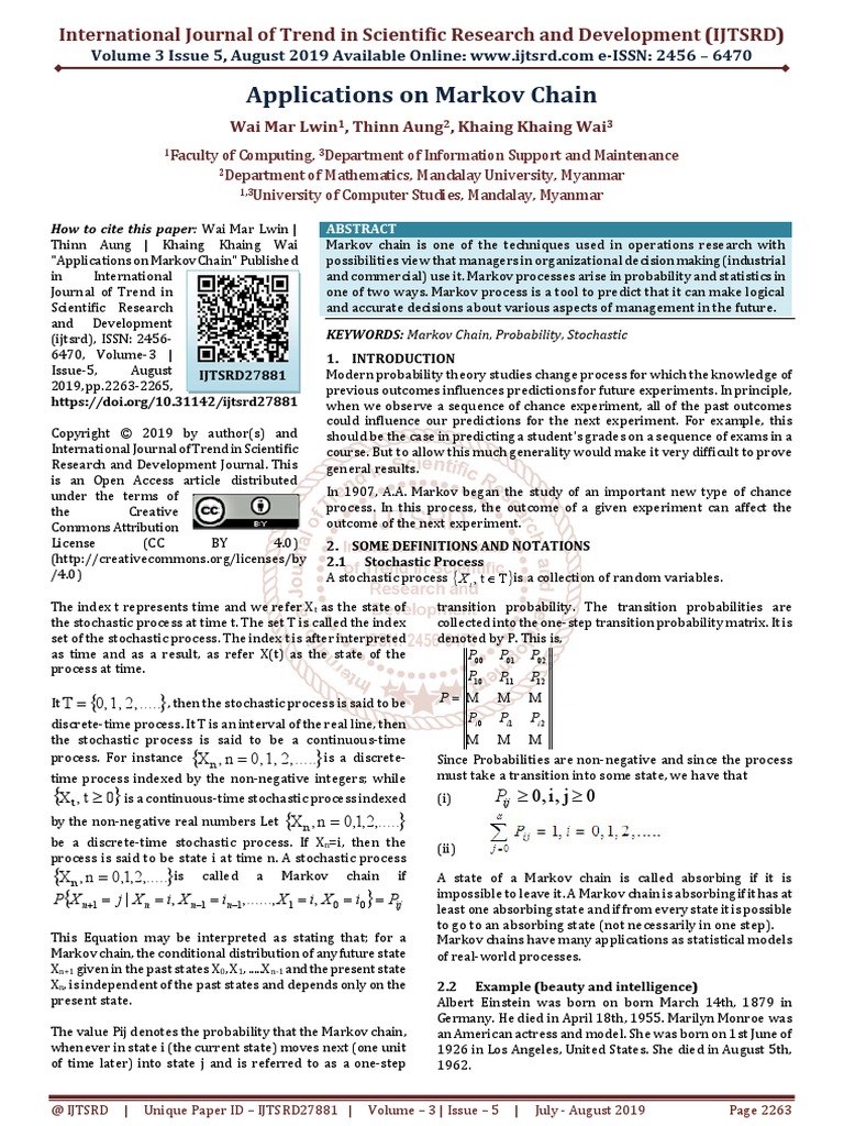 Applications On Markov Chain | PDF | Stochastic Process | Markov Chain