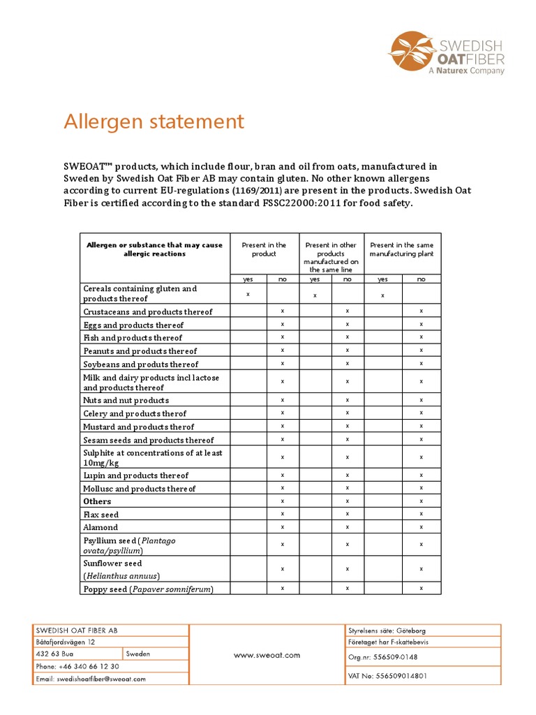Allergen Statement: Allergen or Substance That May Cause Allergic ...
