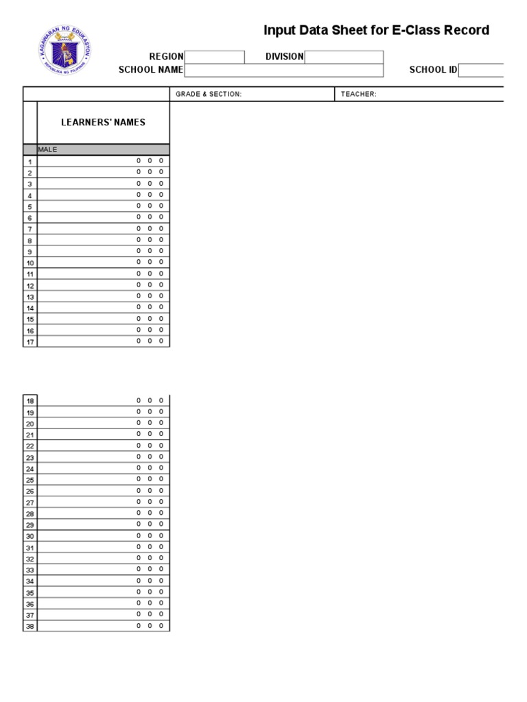 Input Data Sheet For E-Class Record: Region Division School Name School ...