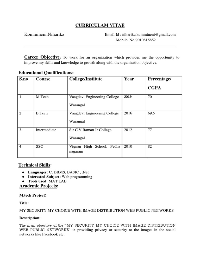 Kommineni - Niharika: Curriculam Vitae | PDF | Computing | Cyberspace