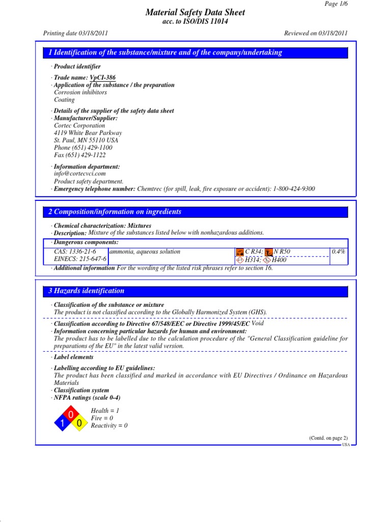 CORTEC VpCI-386 MSDS | Download Free PDF | Dangerous Goods | Safety