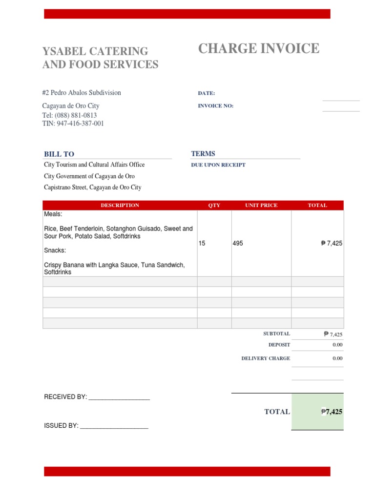 Charge Invoice: Ysabel Catering and Food Services | PDF