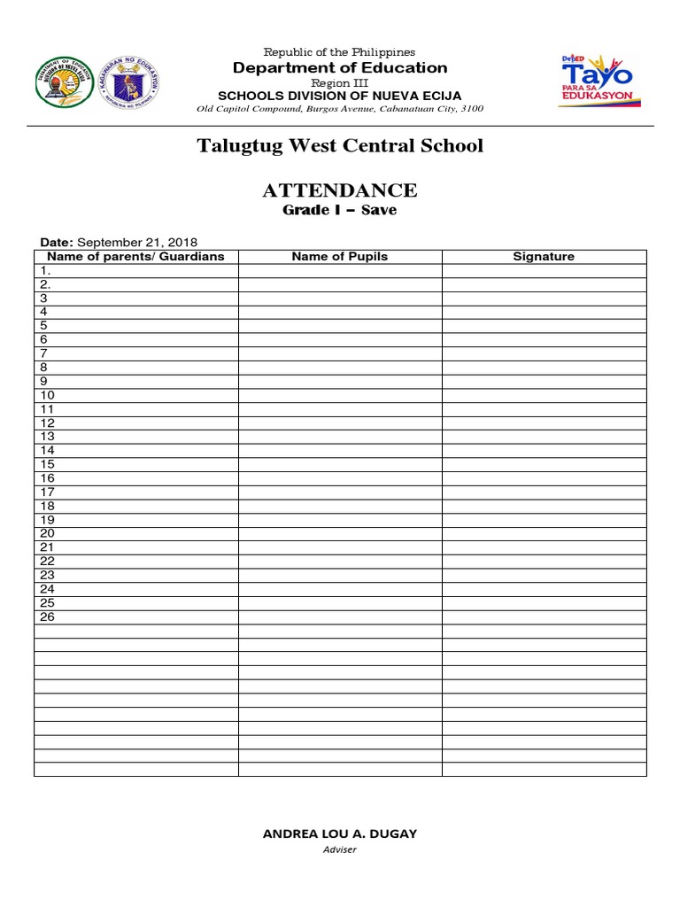 Talugtug West Central School Attendance: Department of Education | PDF