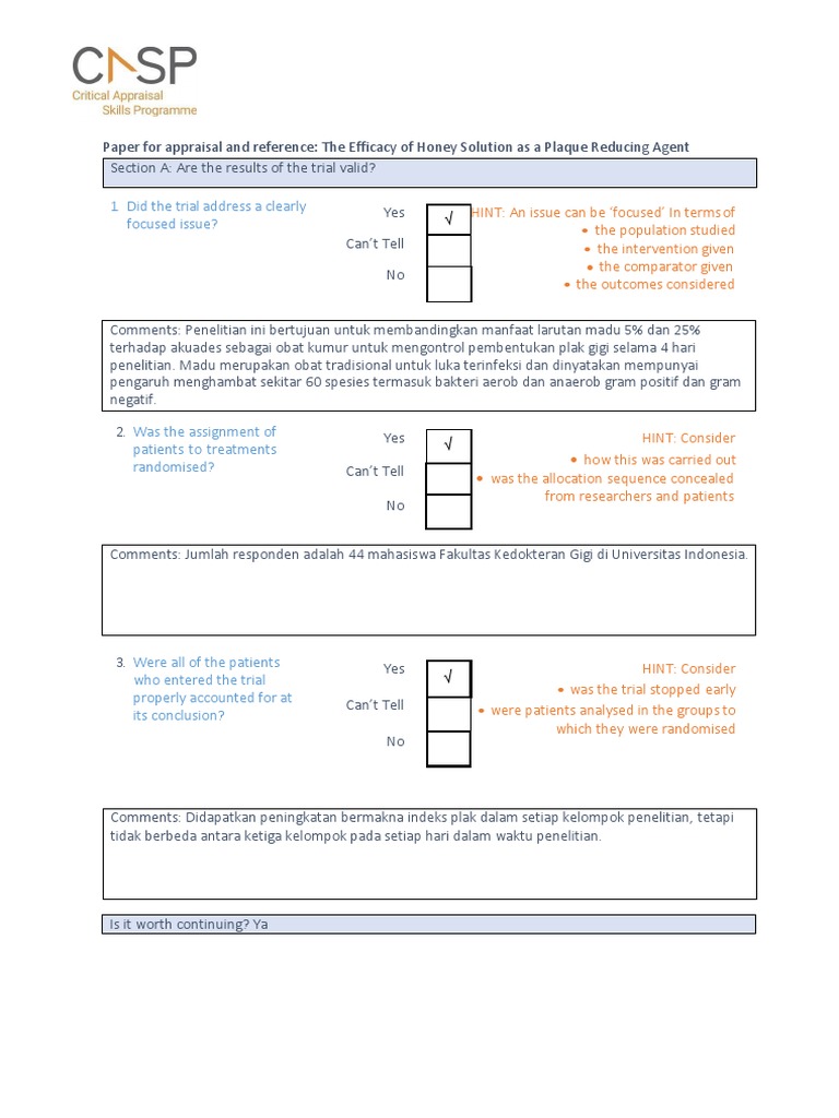 CASP Checklist for Honey RCT Evaluation | PDF | Randomized Controlled ...