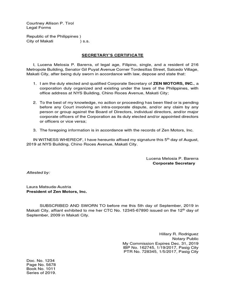 Secretary Certificate On Non-Existence of Corporate Dispute | PDF
