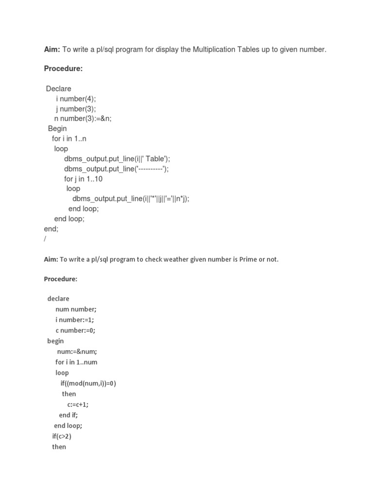 Aim: To Write A PL/SQL Program For Display The Multiplication Tables Up ... Aim: To Write A PL/SQL Program For Display The Multiplication Tables Up ...