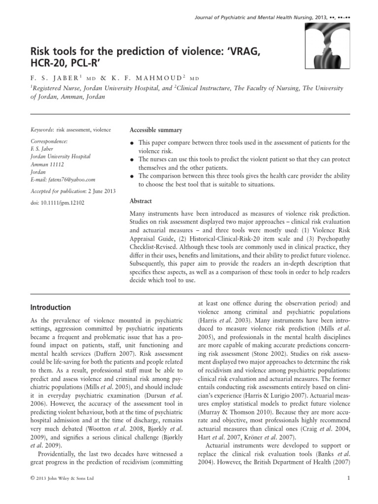 Risk Tools For The Prediction of Violence: VRAG, HCR-20, PCL-R' | PDF ...