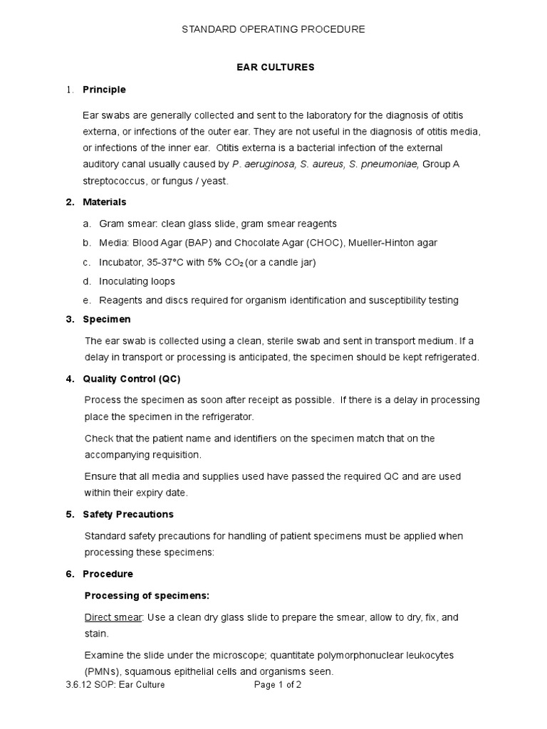 Ear Cultures Principle: 3.6.12 Sop: Ear Culture Page 1 of 2 | PDF ...