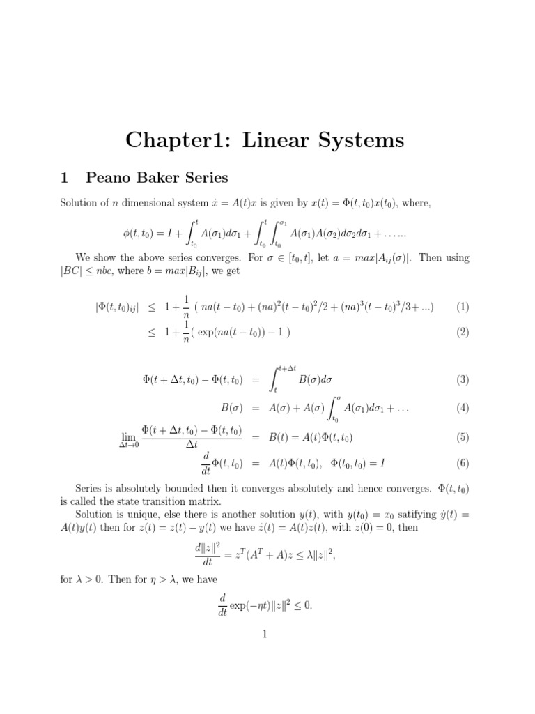 Chapter1: Linear Systems: 1 Peano Baker Series | PDF | Linear Subspace | Matrix (Mathematics)