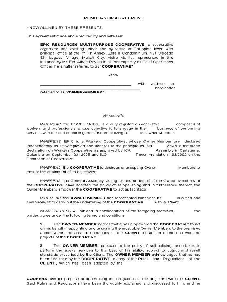 Membership Agreement: Epic Resources Multi-Purpose Cooperative, A ...