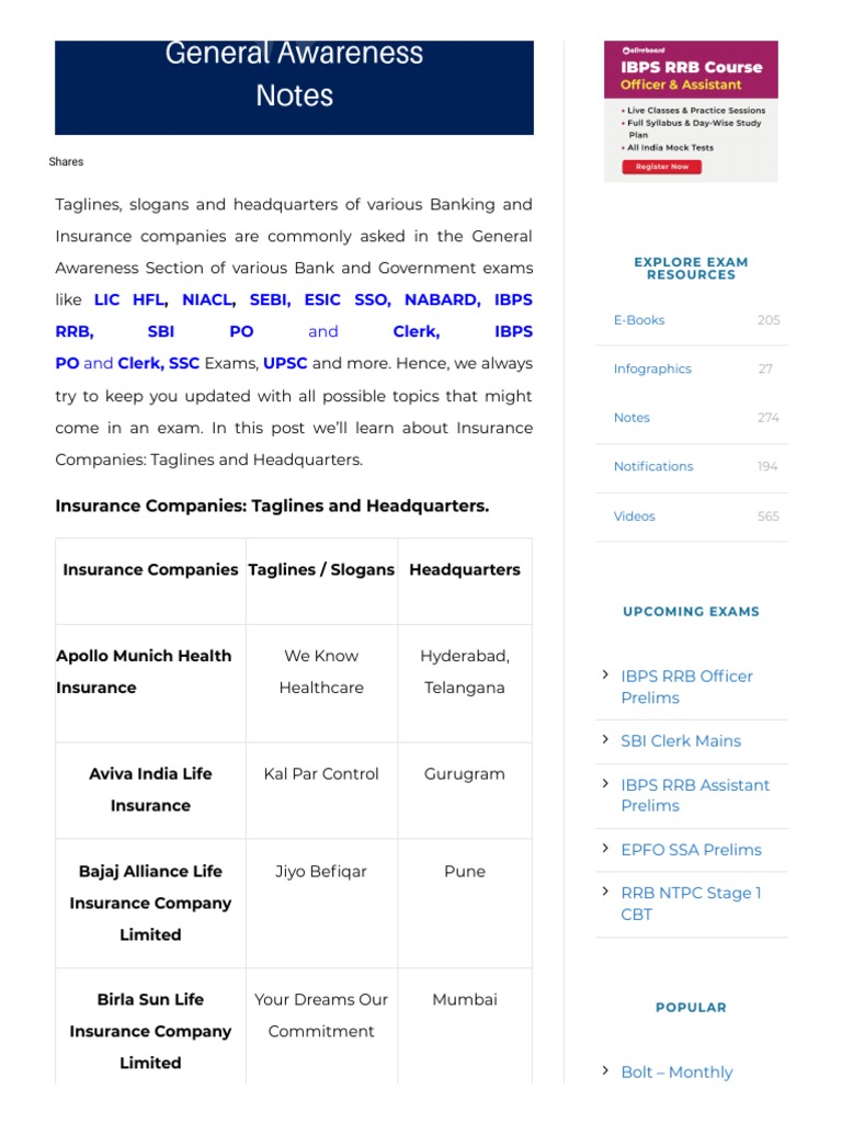 Insurance Companies - Taglines and Headquarters - Oliveboard | PDF ...