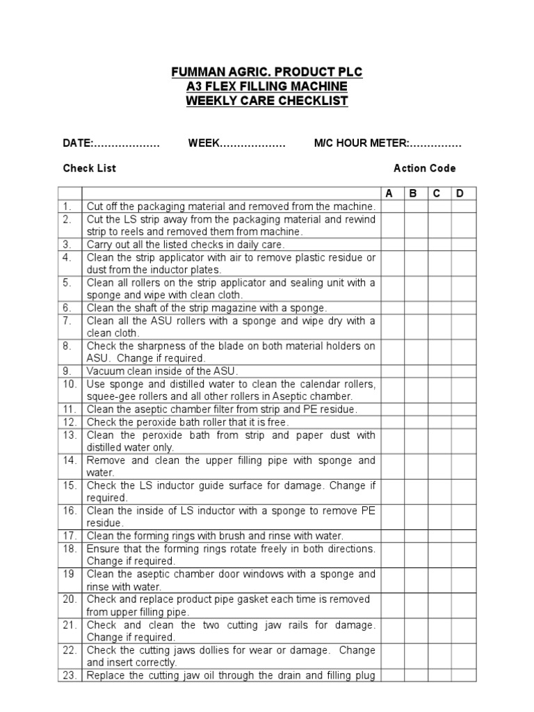 Fumman Agric. Product PLC A3 Flex Filling Machine Weekly Care Checklist ...