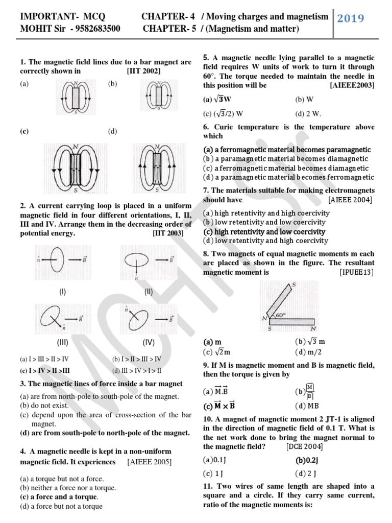MCQ CH 4 and 5 - 2019 - 20 | PDF | Ferromagnetism | Magnetic Field