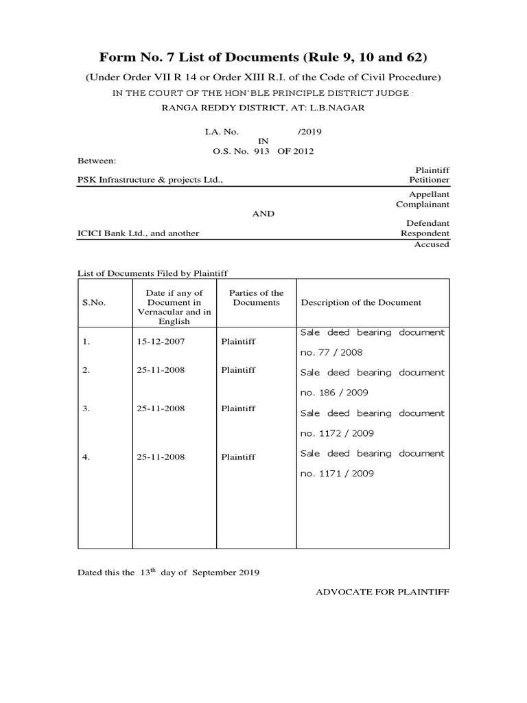 Form No. 7 List of Documents (Rule 9, 10 and 62) | PDF | Plaintiff ...