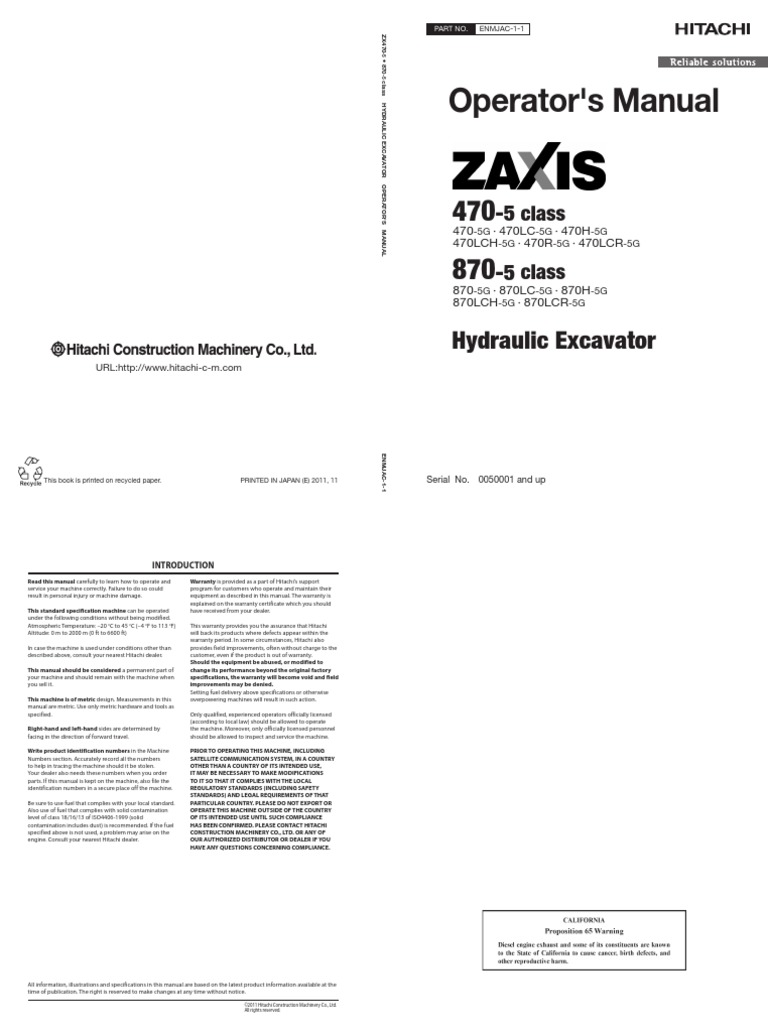 Operator Manual ZX470-5G, ZX870-5G | PDF | Air Conditioning ...