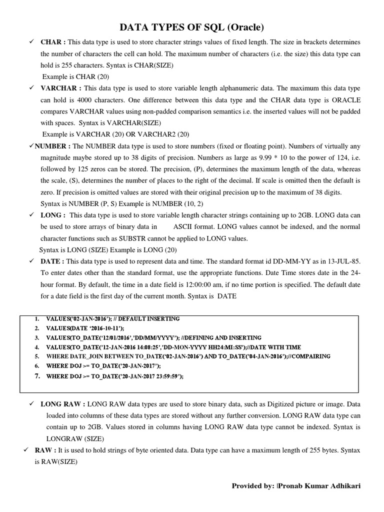 SQL Data Types (Oracle | PDF | Data Type | String (Computer Science)