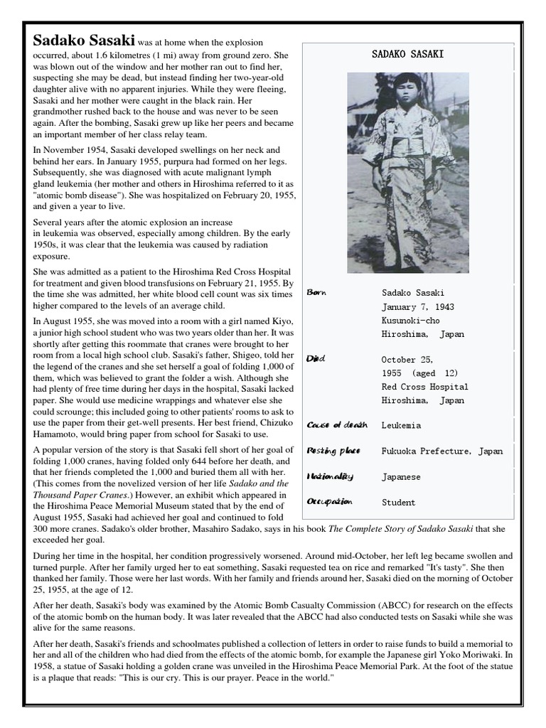 The Story of Sadako Sasaki: A Young Victim of the Atomic Bombing of ...