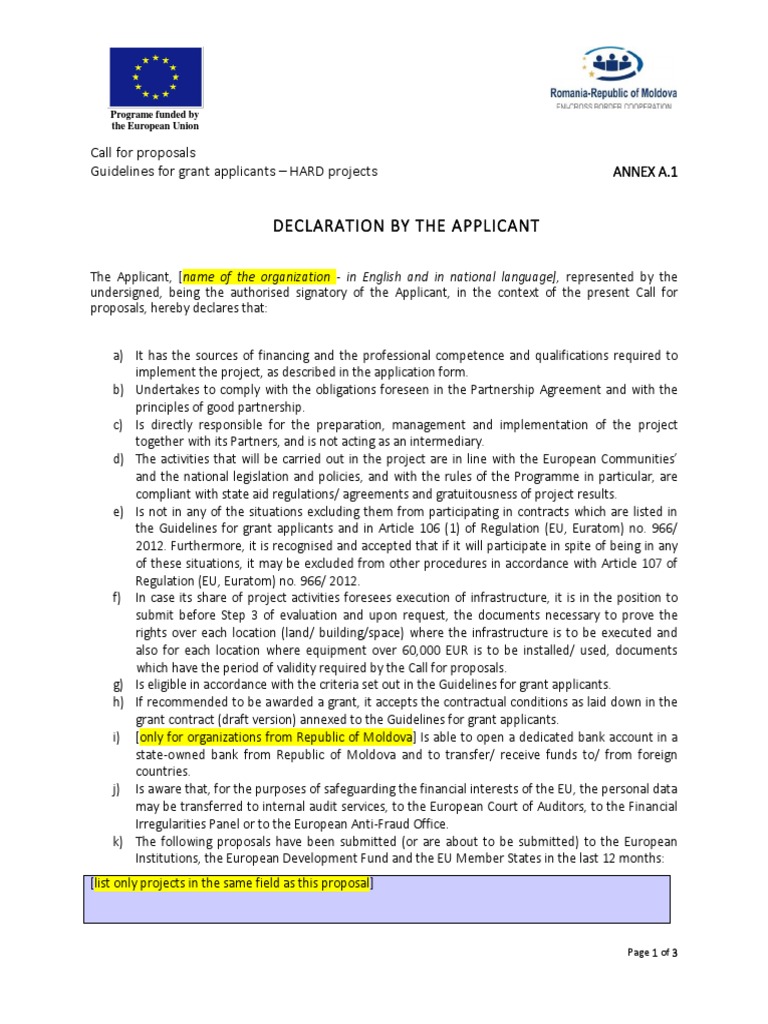 Declaration of Eligibility and Commitment to the Project Guidelines for EU Grant Applicants ...