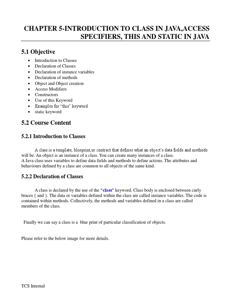 Chapter 5 Introduction To Class In Java Access Specifiers This And Static In Java Pdf 6197