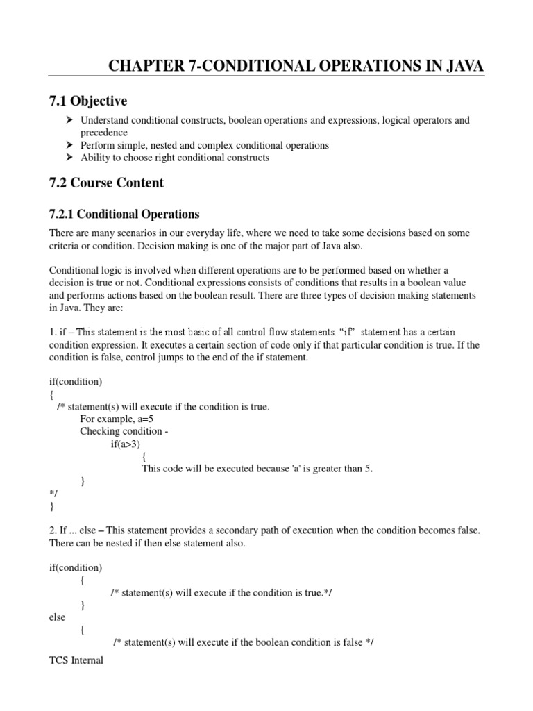 Chapter 7-Conditional Operations in Java: 7.1 Objective | PDF | Control Flow | Boolean Data Type