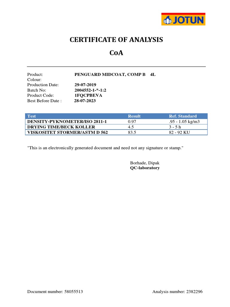 COA For Shop Order 2004552 (35 - 58055513 - 1 - A1) - 1 | PDF