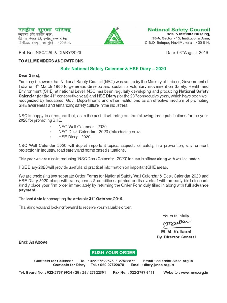 Sub: National Safety Calendar & HSE Diary - 2020: To All Members and ...