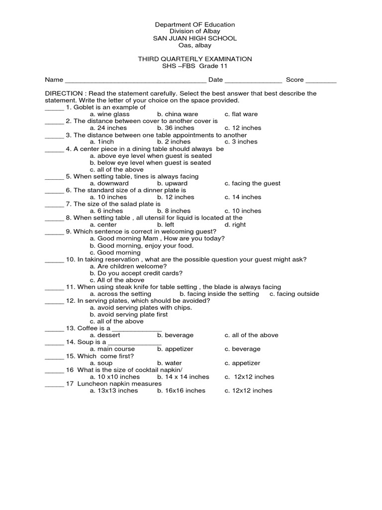 Exam FBS | PDF | Cooking | Food And Drink