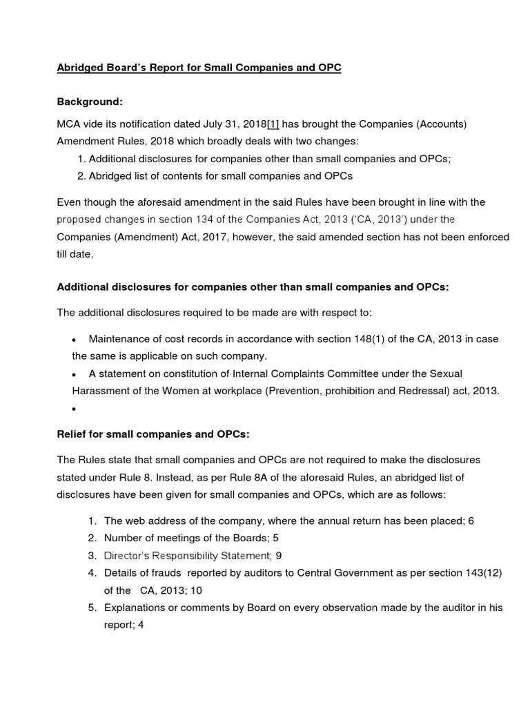 Abridged Board's Report For Small Companies and OPC | PDF | Board Of ...