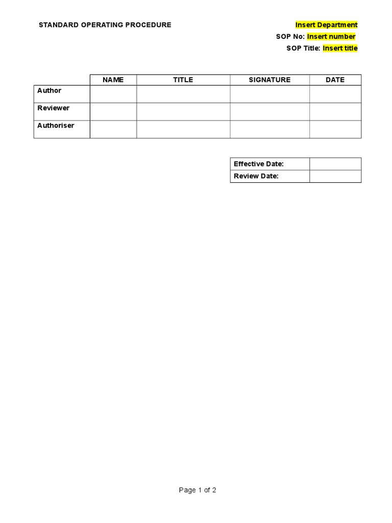 Standard Operating Procedure Insert Department SOP No: Insert Number SOP Title: Insert Title | PDF