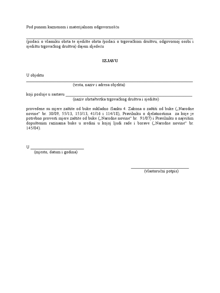 Obrazac Izjave Za Buka 190319 Čistopis Nakon Sastanka | PDF