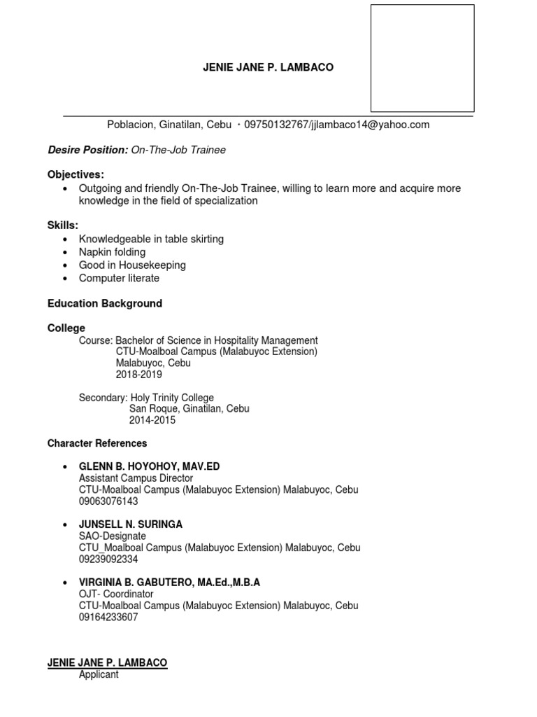 On-The-Job Trainee Resume: Jenie Lambaco | PDF