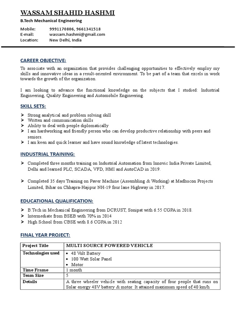 Wassam Hashmi Resume | PDF | Engineering | Science