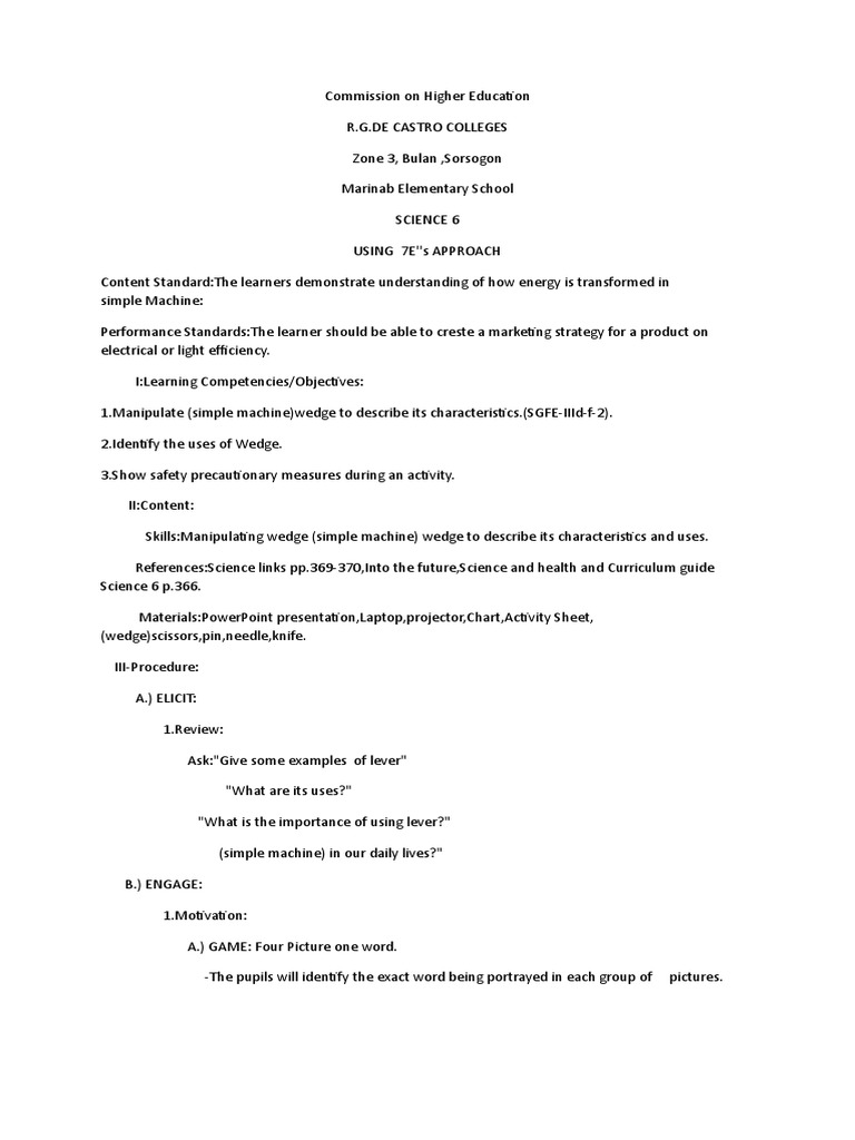 7e's Lesson Plan | PDF | Rubric (Academic) | Machines