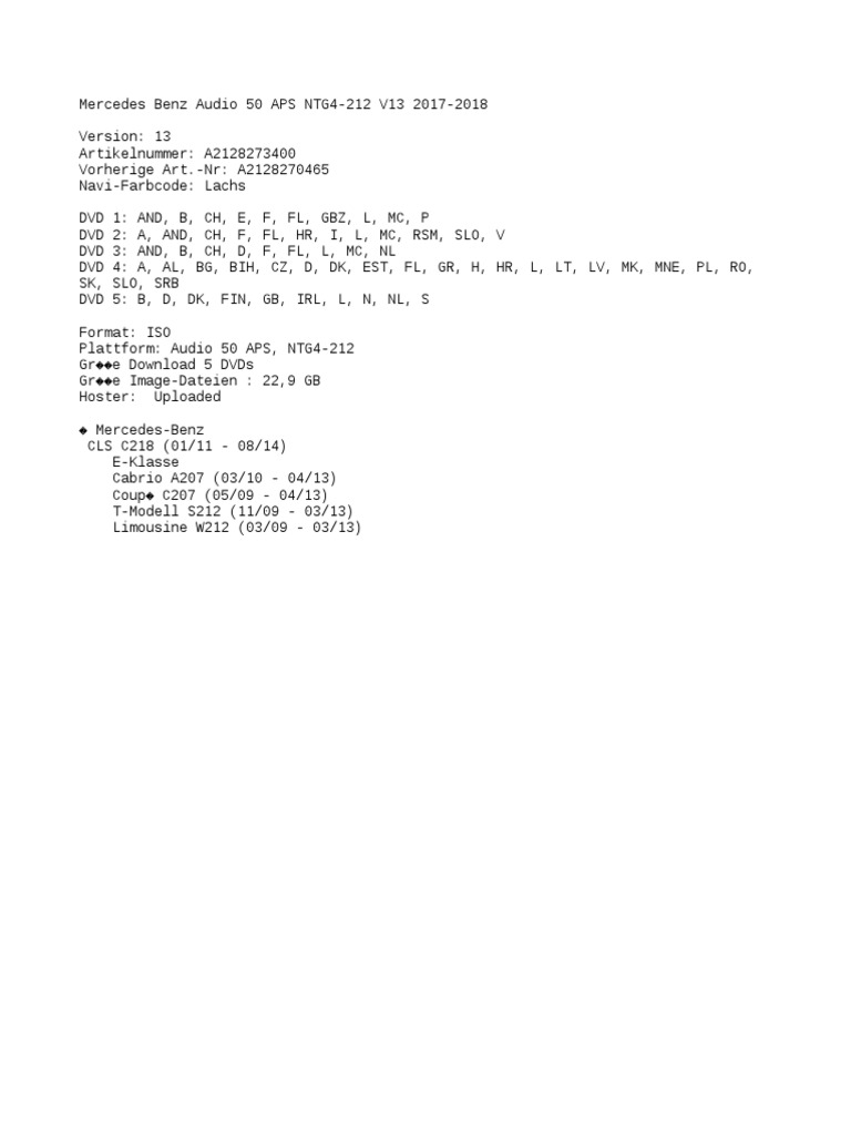 Mercedes Benz Audio 50 APS NTG4-212 V13 2017-2018 | PDF