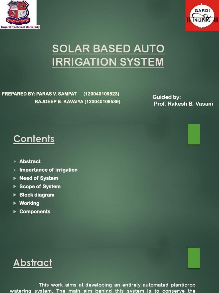 Solar Based Auto Irrigation System: Guided By: Prof. Rakesh B. Vasani ...