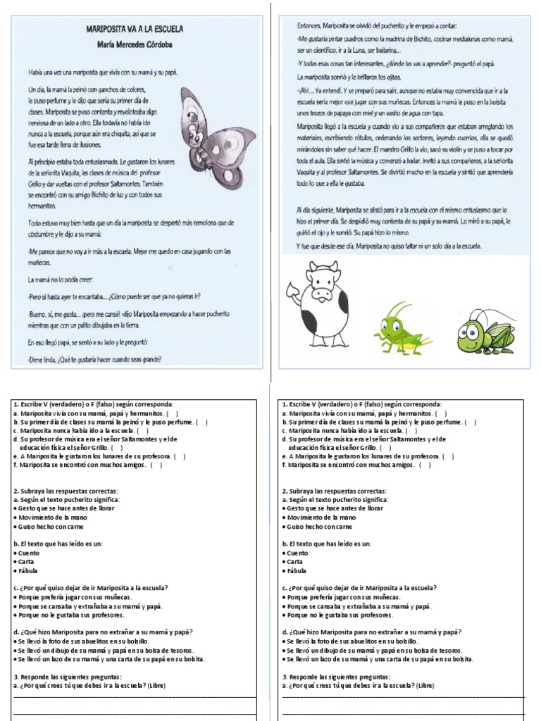 Comprension Lectora - La Mariposita Va A La Escuela | PDF