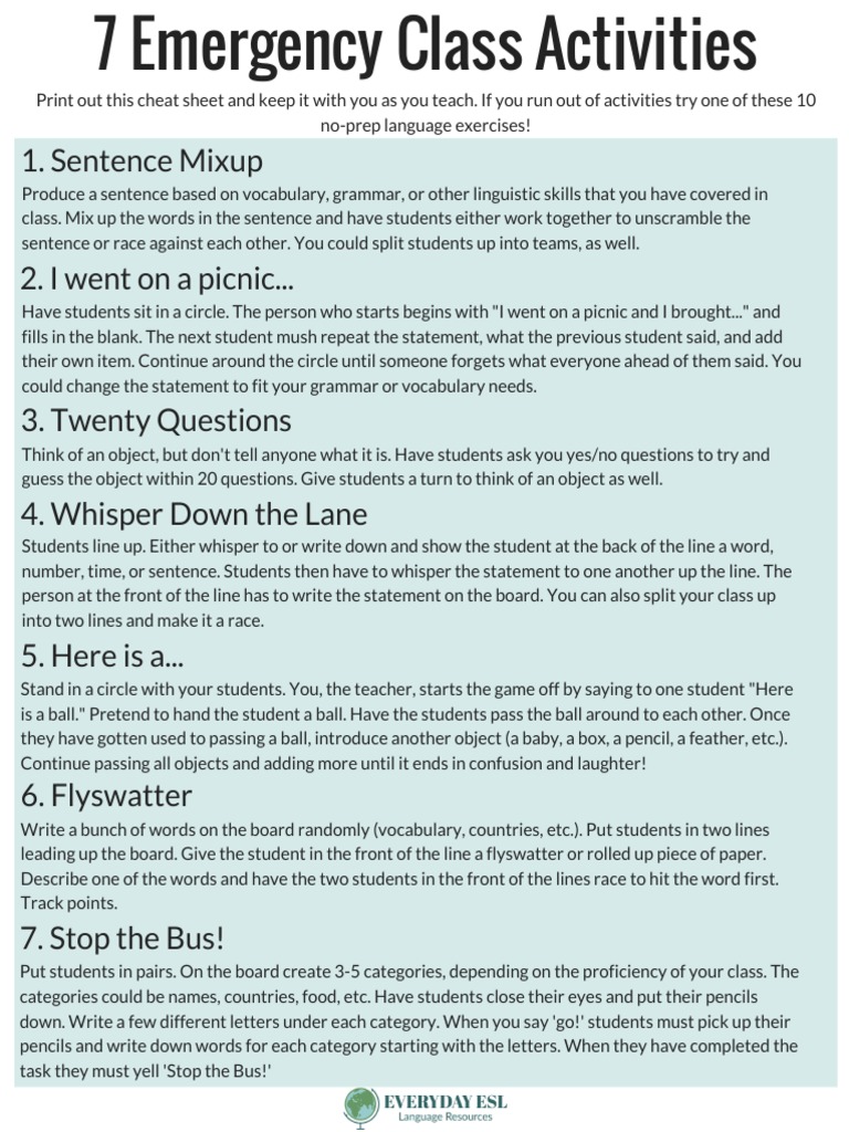 10 Emergency Class Activities | PDF | Sentence (Linguistics) | Human ...