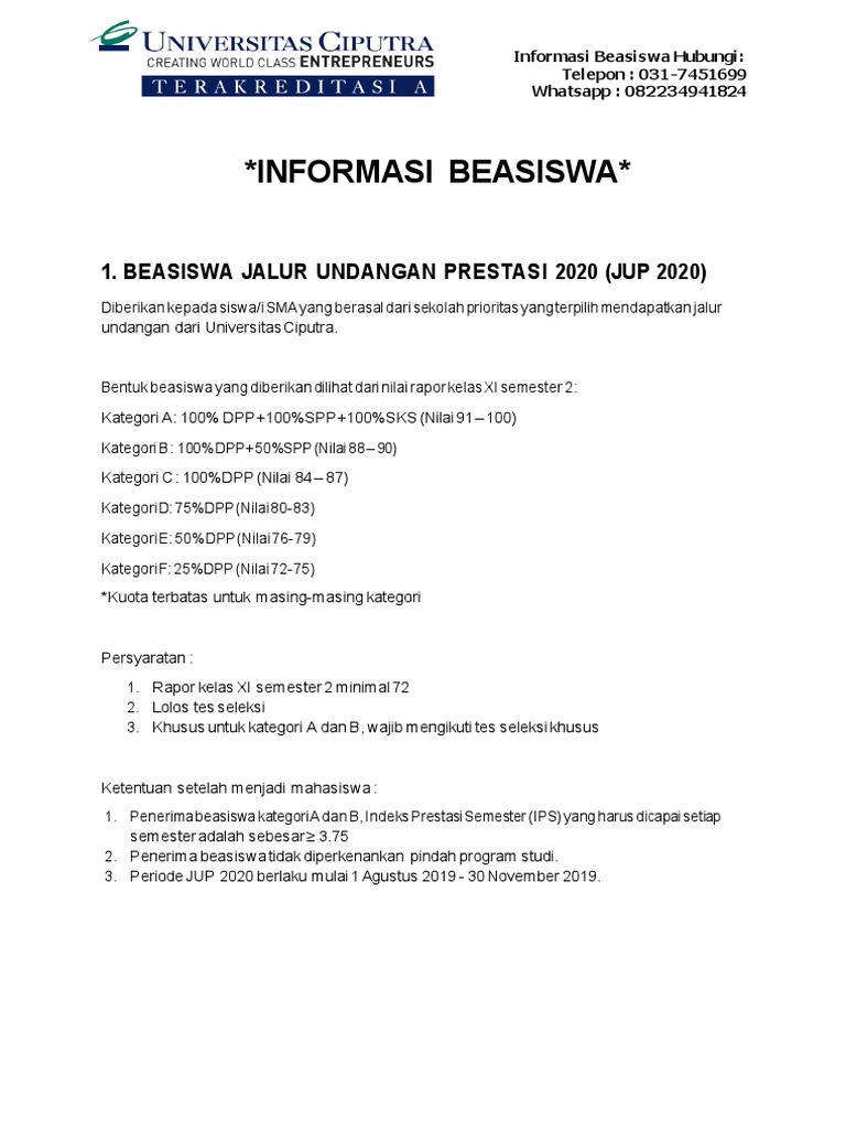 Informasi Beasiswa 2020 Ciputra | PDF