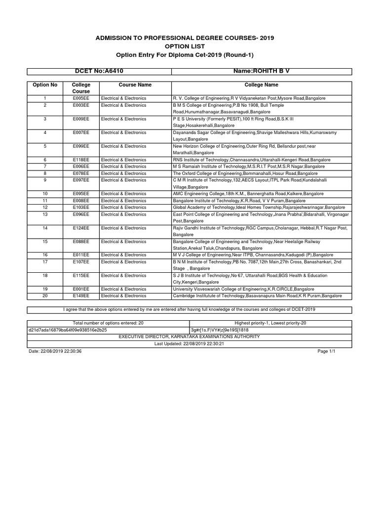 Admission To Professional Degree Courses-2019 Option List Option Entry ...