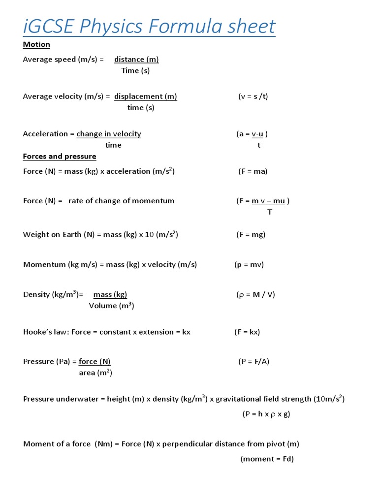Igcse Physics All Formulas | PDF | Force | Mass