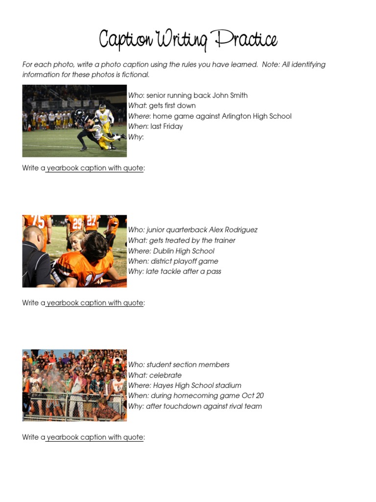 Caption Writing Practice: Write A Yearbook Caption With Quote | PDF ...