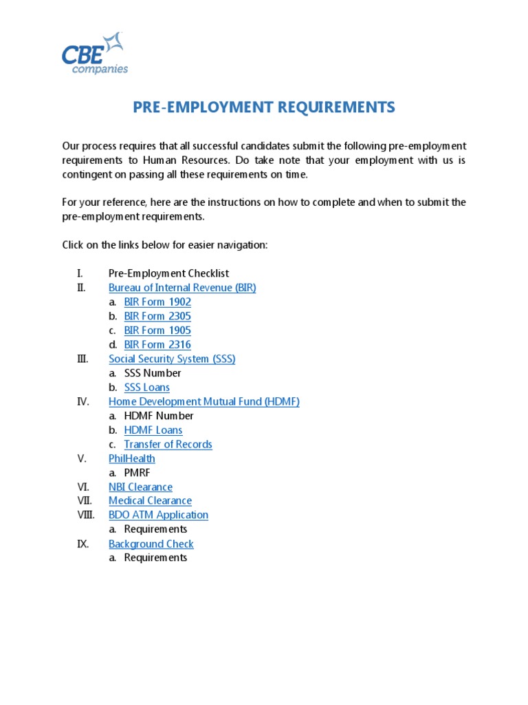 Pre-Employment Requirements Checklist | PDF | Stepfamily | Birth ...