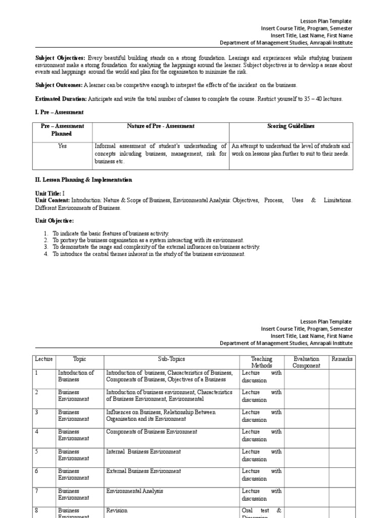 Lesson Plan Business Environment | PDF | Educational Assessment | Lecture