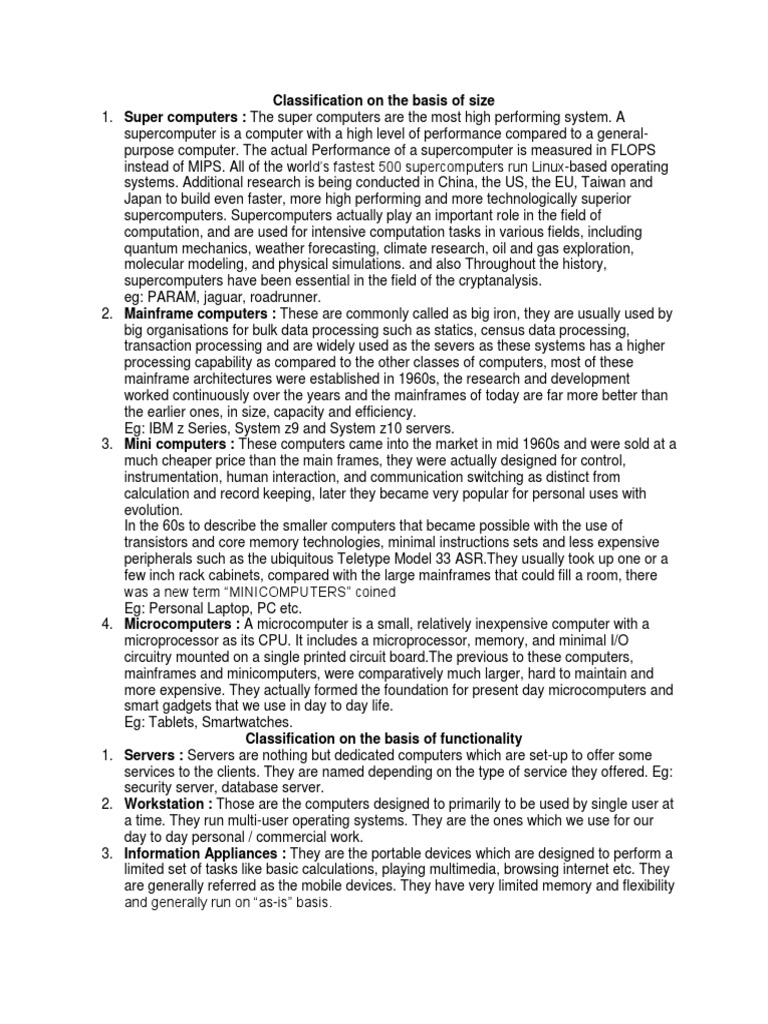 Classification On The Basis of Size | PDF | Supercomputer | Microcomputers