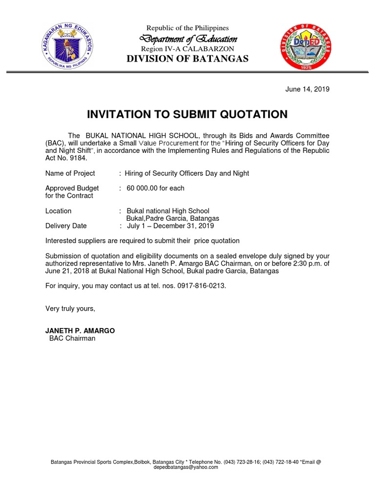 Security Officer Quotation Invitation 2019 | PDF | Prices | Government