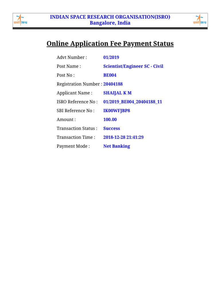 Online Application Fee Payment Status: Indian Space Research Organisation (Isro) Bangalore ...