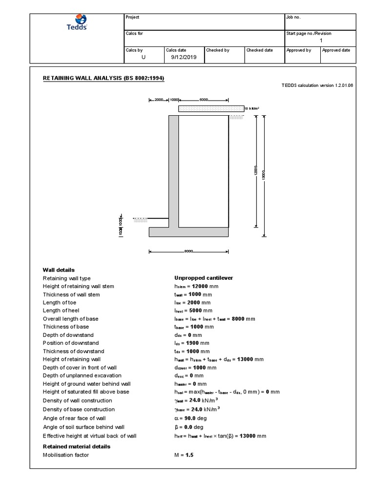 Retaining Wall Analysis & Design (BS8002) | PDF | Concrete | Shear Stress