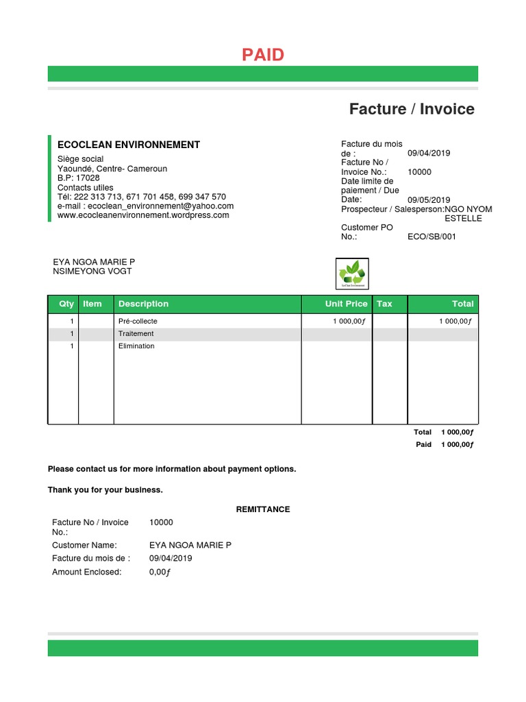 Ecoclean Environnement Invoice 10000 | PDF | Finance & Money Management