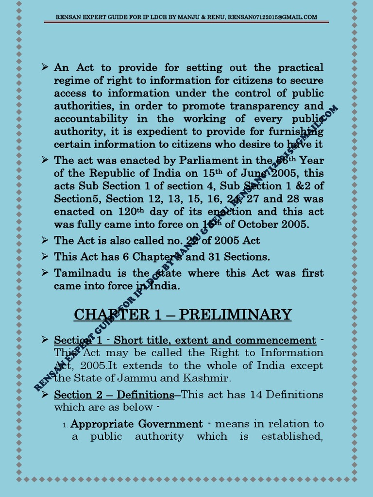 Rti Act - Short Notes - Sapost | PDF | Common Law | Public Sphere