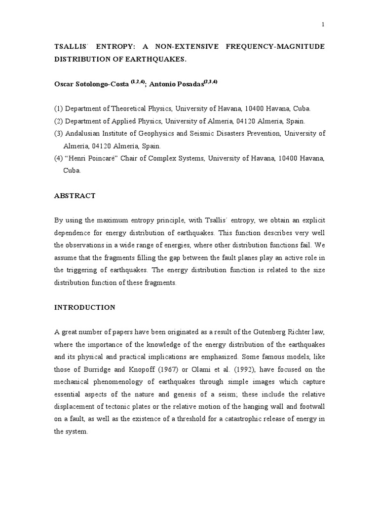 Tsallis Entropy: A Non-Extensive Frequency-Magnitude Distribution of Earthquakes | PDF ...